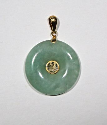 14K Yellow Gold Light Green Jade "Good Luck" Asian Symbol Circle ...