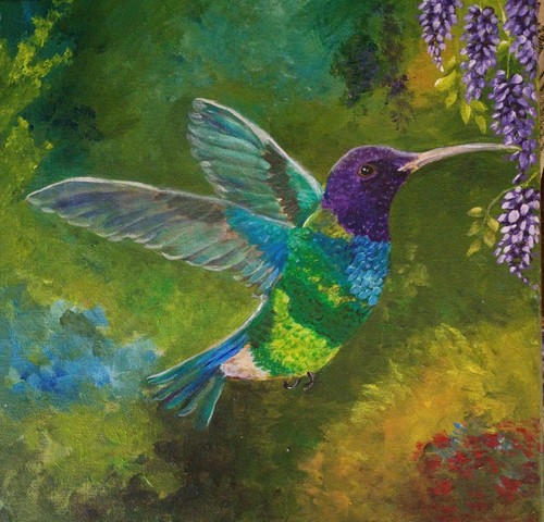 ACEO Hummingbird and wisteria colorful print on linen cardstock | eBay
