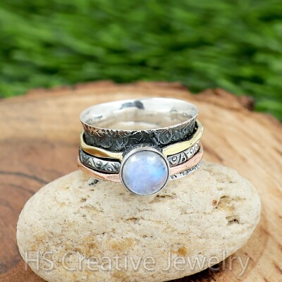 Two Tone - Rainbow Moonstone 925 Sterling Silver Spinner Ring Jewelry ...