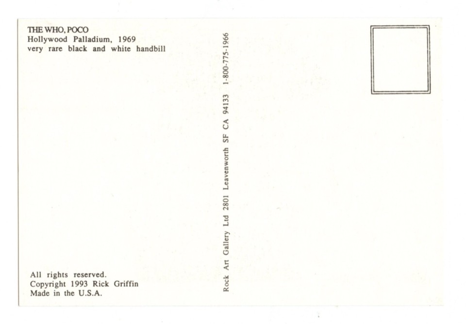 Rick Griffin Postcard AOR3.65 R1993 B/W the Who Poco 1969 Hollywood ...