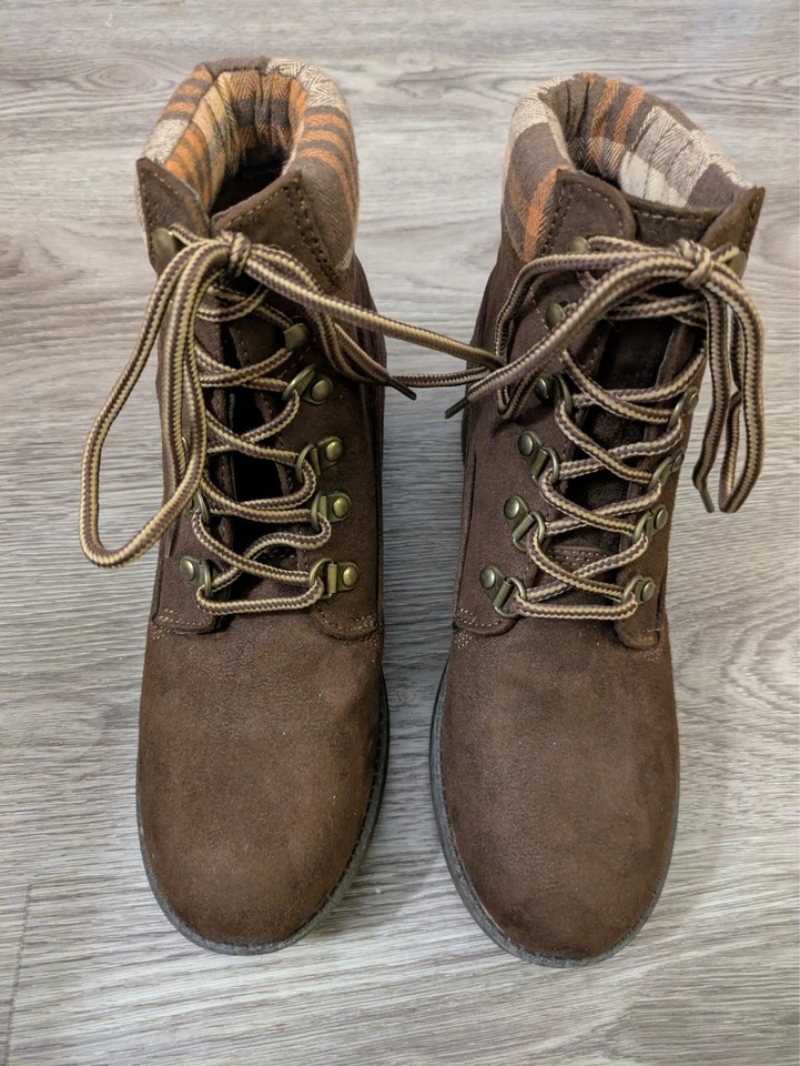 Rock & Candy Boots Lace-up Chocolate Brown Plaid 1.5" Wedge Heels Women ...