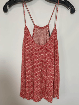 Monoprix Femme Women's Round Cream Pattern Spaghetti Flowy Red Top Size ...