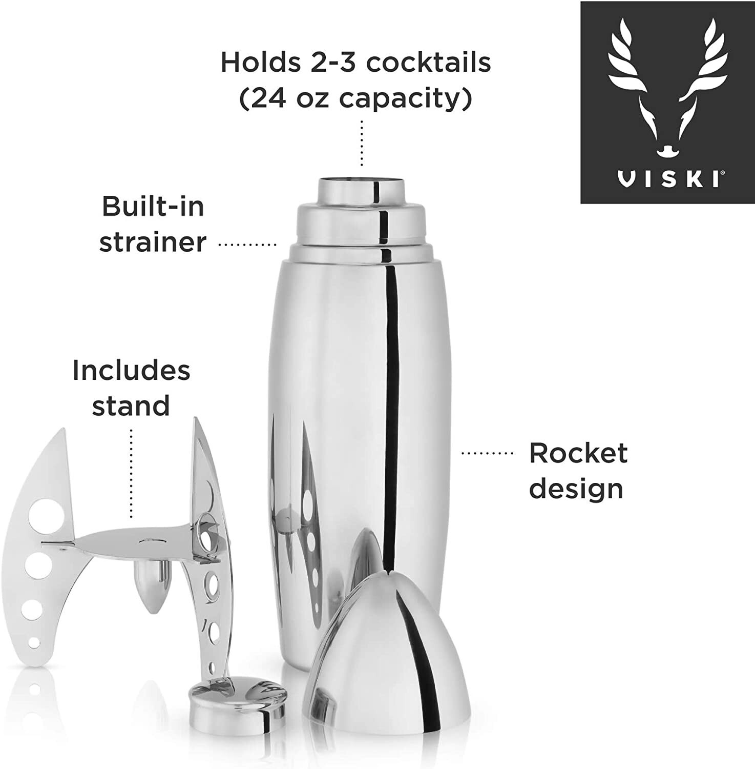 Viski Rocket Cocktail Shaker Set Stainless Steel Cobbler Shaker With ...