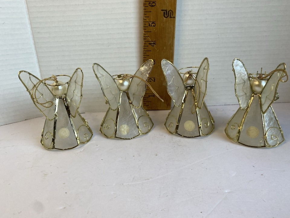 Vintage set of 4 Capiz Shell Angel ornaments Christmas play musical ...