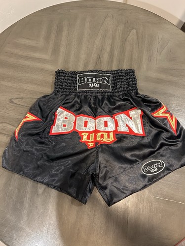 Boon Muay Thai Boxing Shorts Black Satin with Red Embroidery | eBay