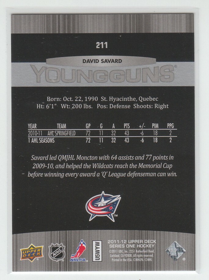(80728) 2011-12 UPPER DECK YOUNG GUNS DAVID SAVARD #211 RC | eBay