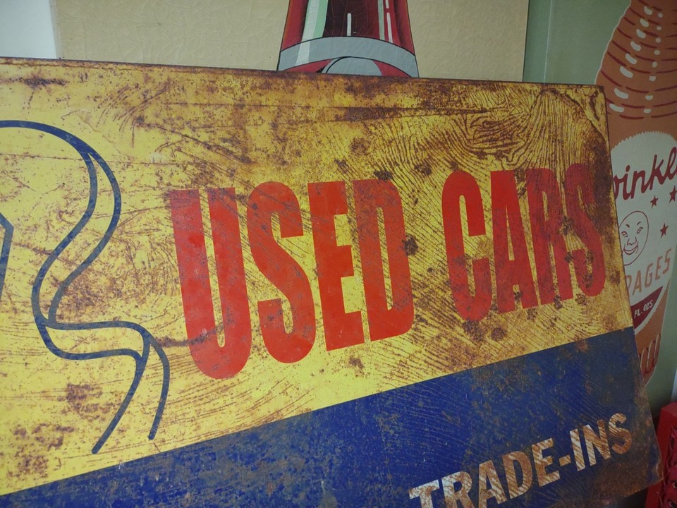 VINTAGE OK USED CARS METAL SIGN 48" OLD CAR DEALERSHIP GAS TRUCK AUTO ...