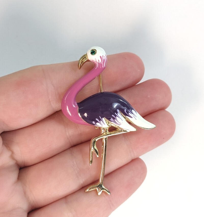 Pink Flamingo Shaped Vintage Brooch Pin - Enamel With… - Gem