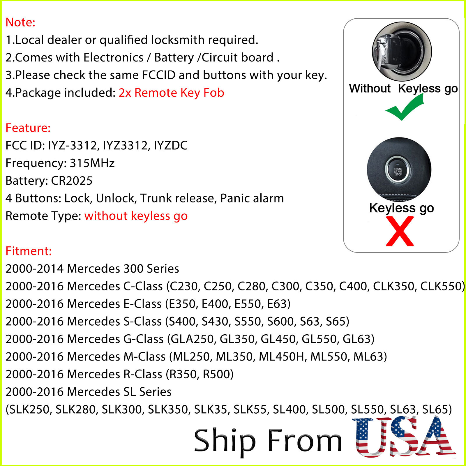 2 For Mercedes-Benz C E S G M R S Class Remote Key Fob BGA Chip IYZDC ...