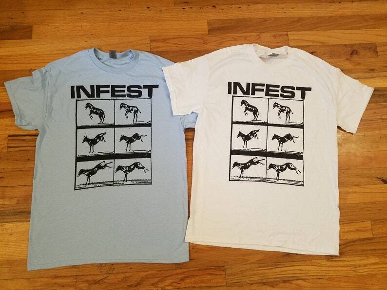Infest - Horse Shirt, hardcore rock band, white and light blue color ...