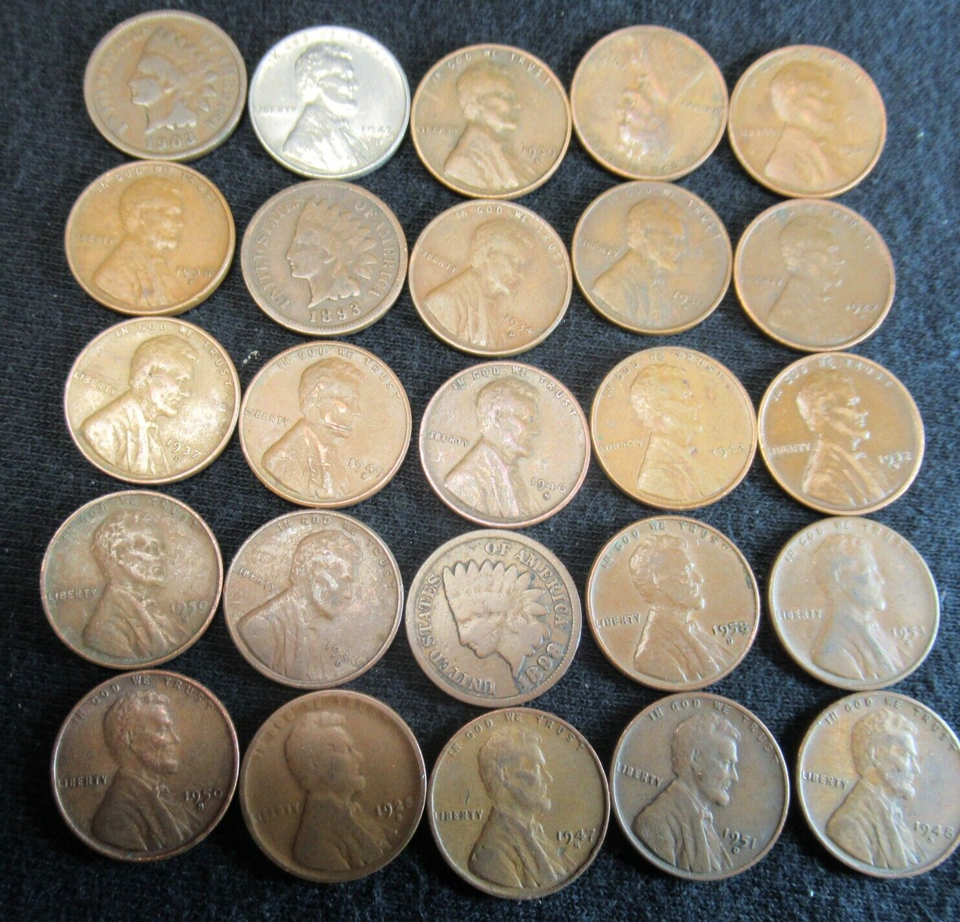 FULL ROLL MIXED DATE INDIAN HEAD/WHEAT PENNY CENT ROLL LOT 1800'S 1900 ...