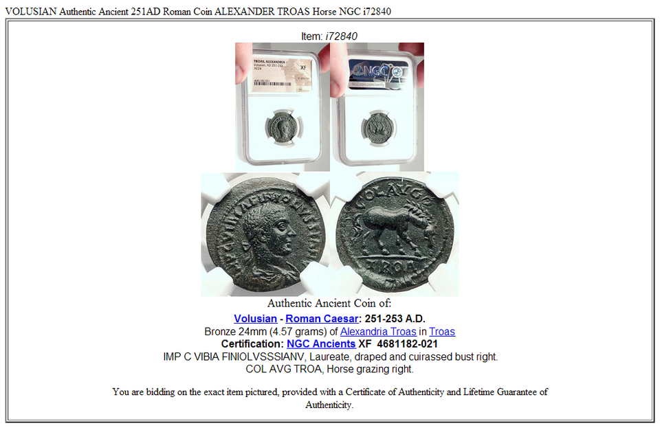 VOLUSIAN Authentic Ancient 251AD Roman Coin ALEXANDER TROAS Horse NGC ...