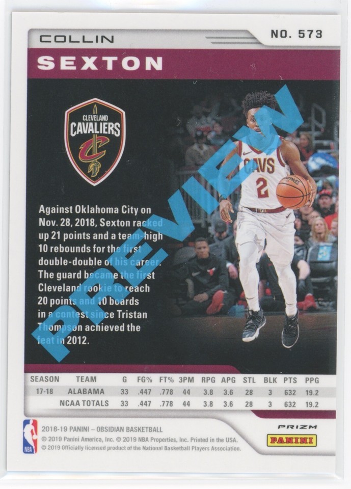 COLLIN SEXTON 2018-19 PANINI CHRONICLES ROOKIE OBSIDIAN PREVIEW #573 RC | eBay