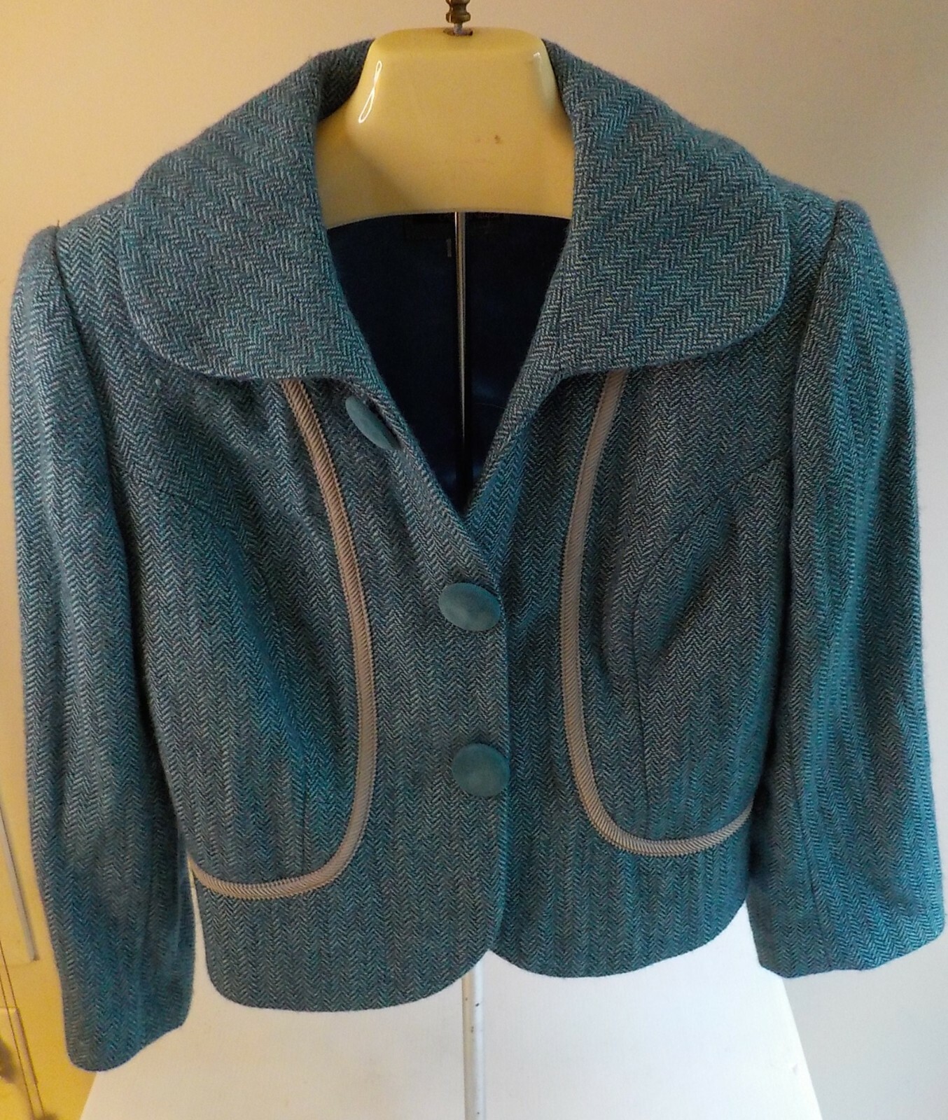 ROBIN NAYLOR 2 Piece Skirt Suit Teal/Turquoise Herringbone Wool Blend ...