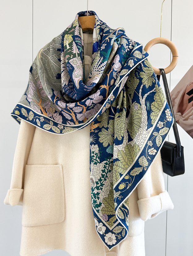 70% Cashmere 30% Silk Wrap Scarf Forest bird Print Double Face Big ...