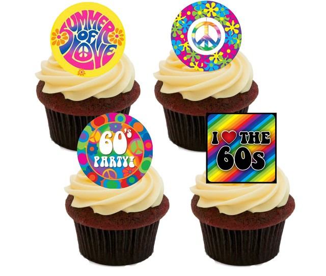 60s Party Edible Cupcake Toppers Stand-up Fairy Cake Decorations Hippy ...