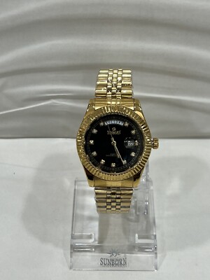 Sunborn Men's Gold Watch Round Black Day & Date Dial on Gold Linked ...