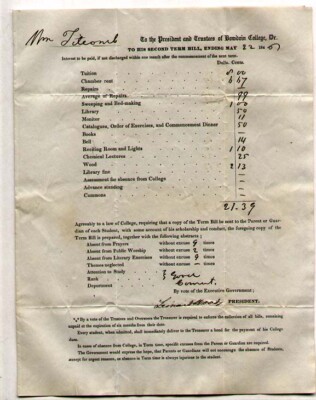 1846 LEONARD WOODS/PRESIDENT BOWDOIN COLLEGE/SIGNED TERM BILL TO WM ...
