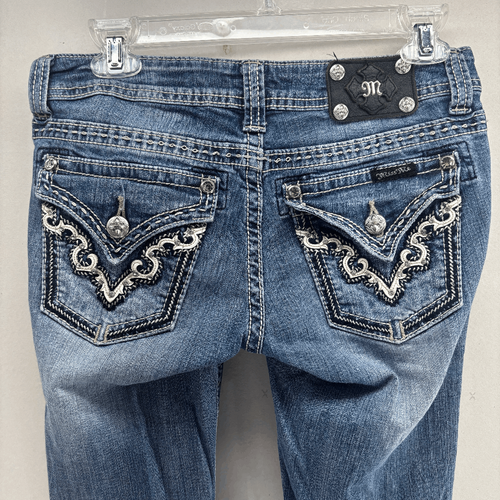 Miss Me Jeans Womens 29 Boot Cut Flap Pocket Blue Denim Flare Hem Fray ...
