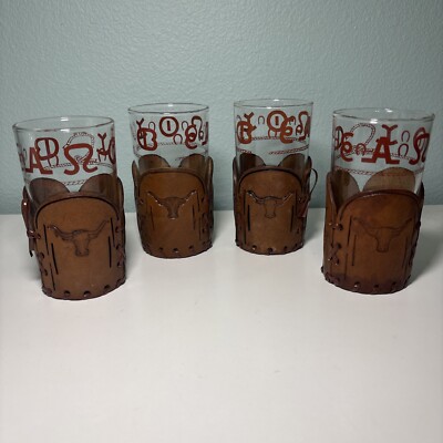 4 Vintage Libbey Bamco Western Cowboy Longhorn Whiskey Tooled Leather ...
