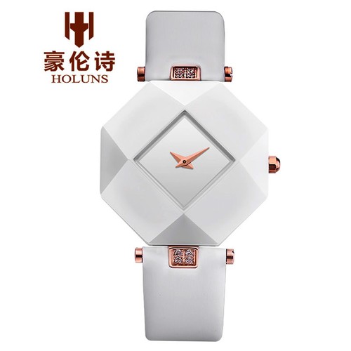 HOLUNS Octagon Crystal Ceramic Women Quartz Wrist Watch Genuine Leather ...
