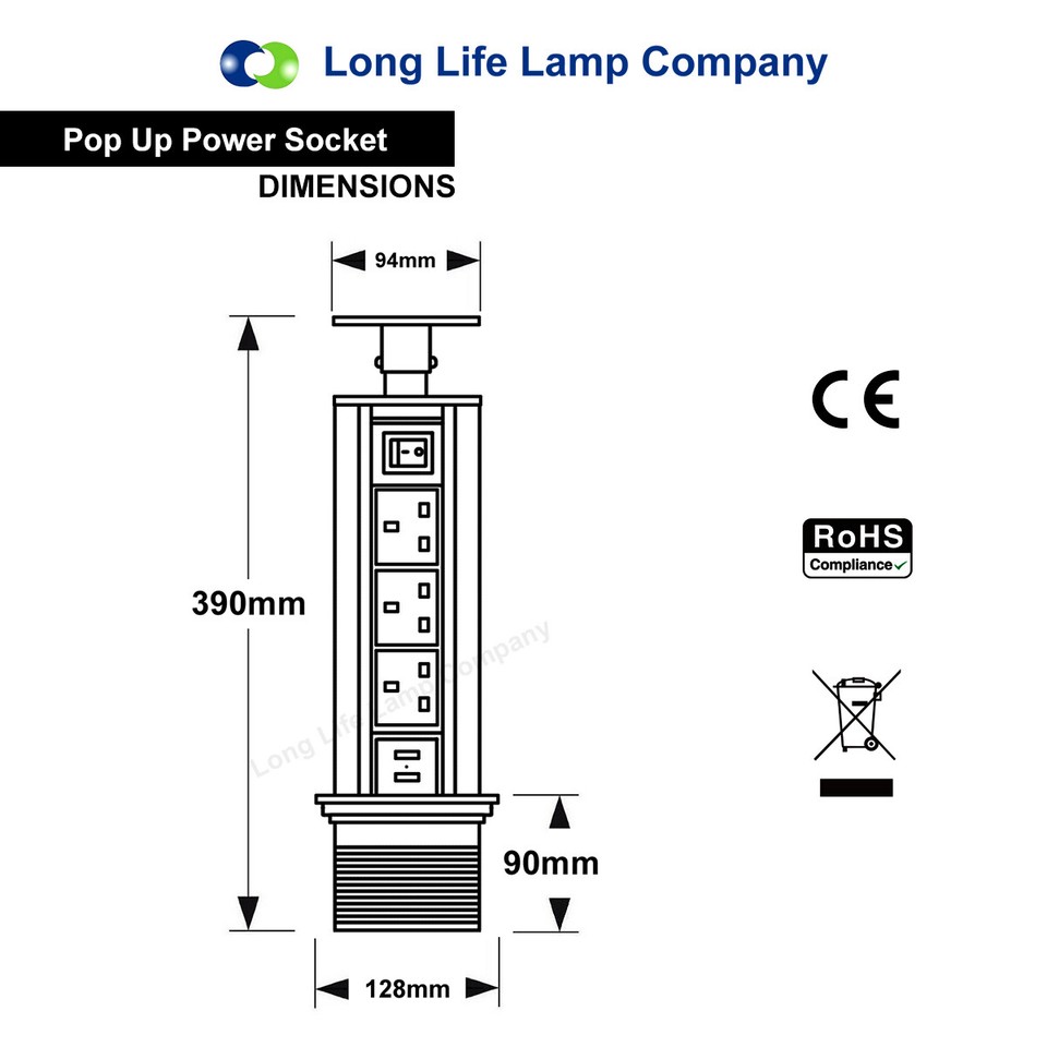 POP UP Power Tower 3 Socket 2 USB with Safety Switch Silver/Stainless ...