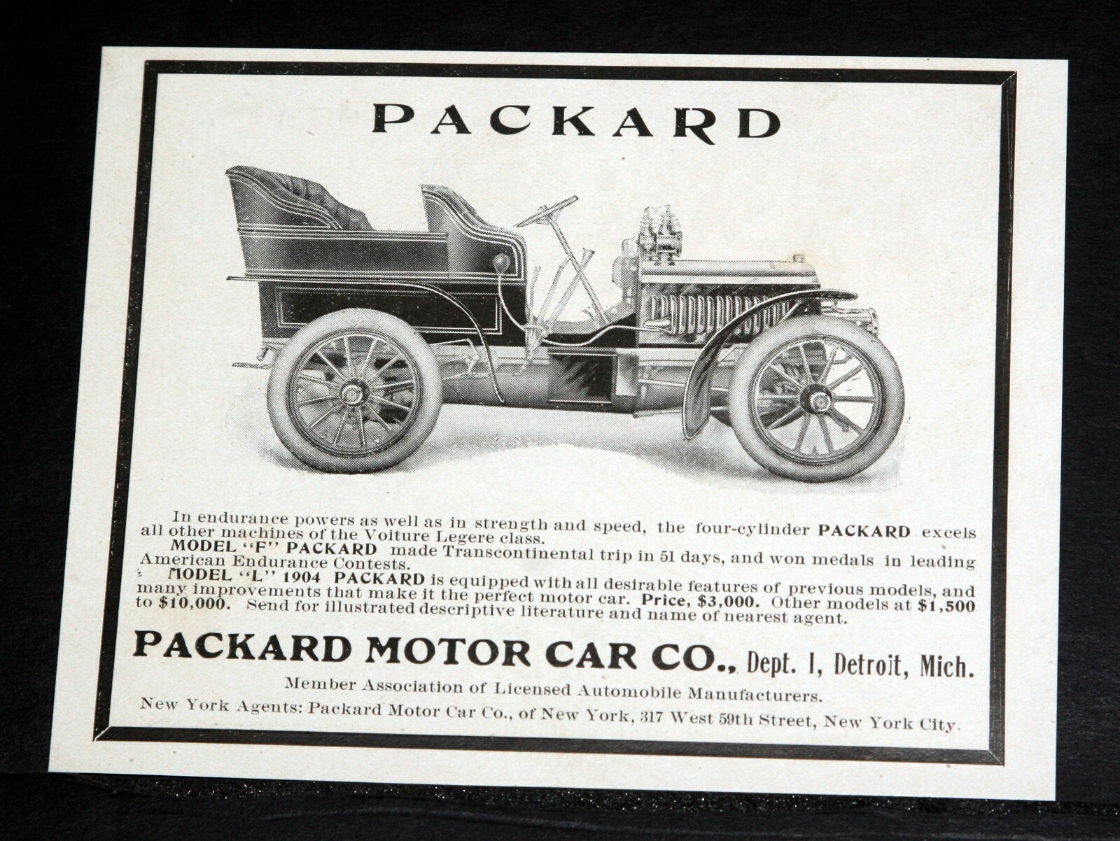 1904 OLD MAGAZINE PRINT AD, PACKARD MOTOR CAR, MODELS "F" & "L ...