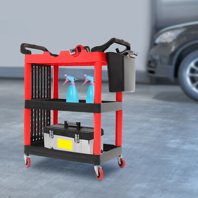 3-Tier Auto Detailing Cart Car Wash Tool Organizer Trolley with Hooks ...