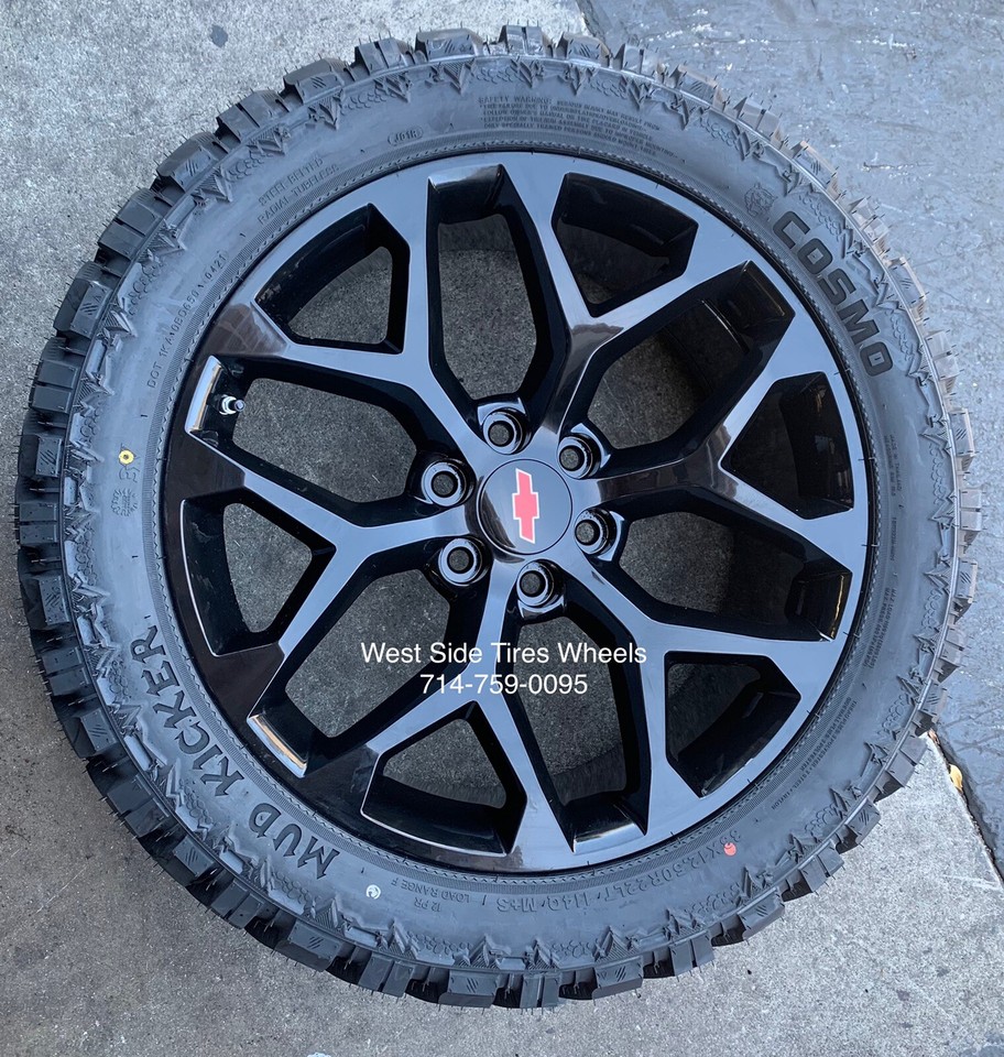 22” DODGE RAM 6lug 6X139.7 SNOWFLAKE BLACK WHEELS 33” Mud MT Tire ...