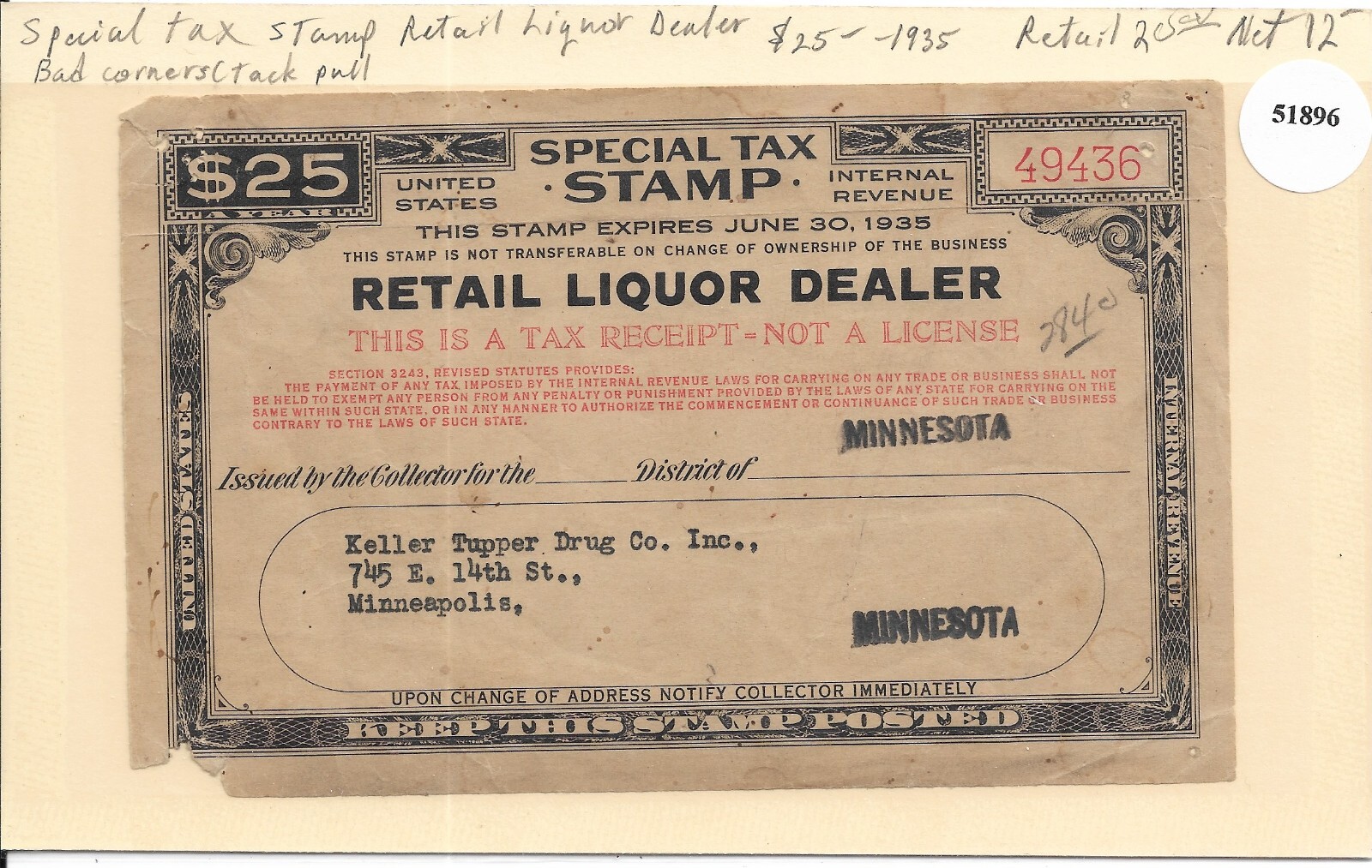 $25.00 Retail Liquor Dealer Special Tax Stamp 1934-1935 (51896) | eBay
