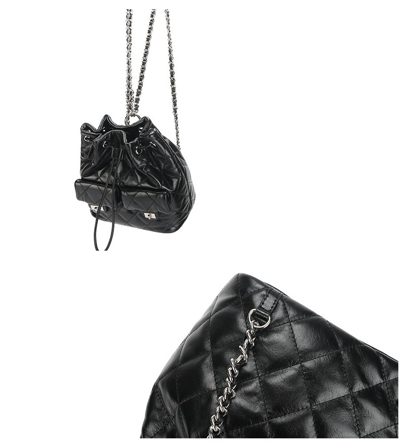 Small Mini Quilted Real Leather Drawstring Bucket Backpack Chains Purse ...