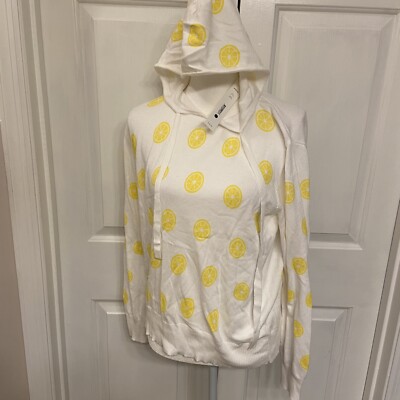 NWT AQUA Lemon Print Hooded Sweater White with Yellow Lemons Women's ...