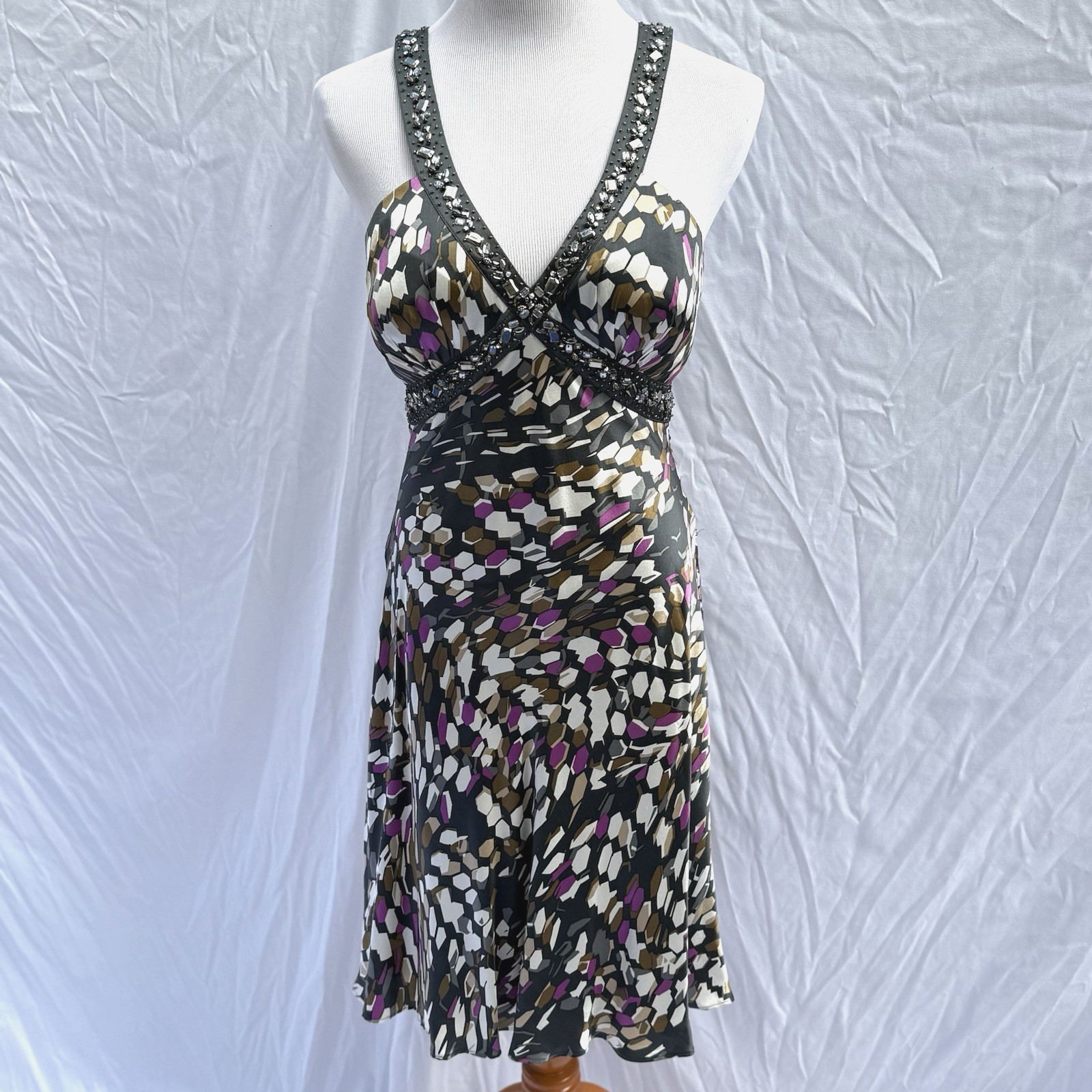 Vtg Nina Austin Silk Halter Dress M Multicolor Beaded… - Gem