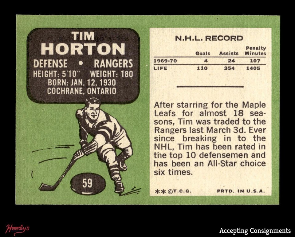 1970-71 Topps #59 Tim Horton RANGERS EX - EX/NM (MC) | eBay