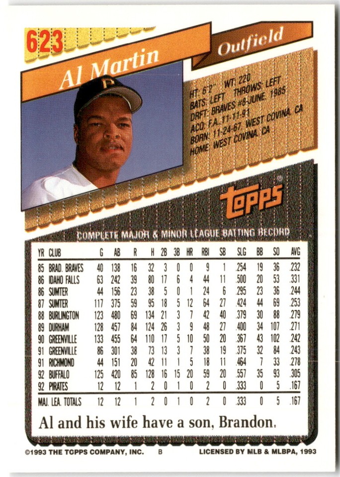 1993 Topps #623 Al Martin Gold Pittsburgh Pirates | eBay