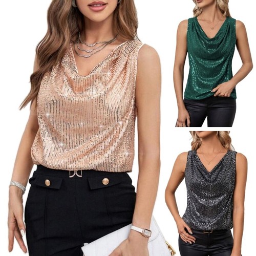 Womens Sparkly Sequins Top Sleeveless Cowl Neck Party Nightclub Shirt ...