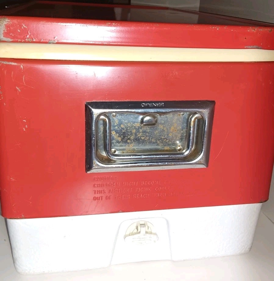 Vintage Coleman Red Metal Cooler w/Handles Bottle Openers & Drain 1970s ...