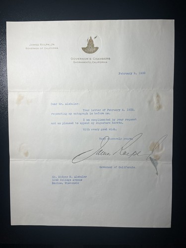1933 California Governor James Rolph Jr.'s Autograph | eBay