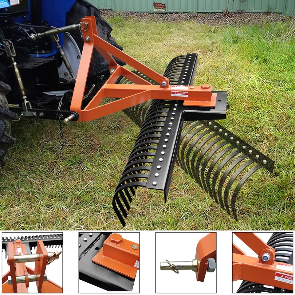 72" 3 Point Steel Pine Straw Rake Landscaping Rake Attaches for Cat-1 ...
