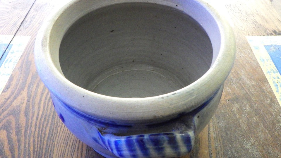 Antique 1800s Salt Glazed Grey Stoneware Cobalt Crock 2 Handles -Marked ...