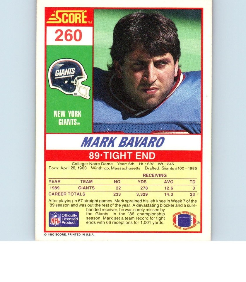 Mark Bavaro 260 Giants 1990 Score NFL Football Trading Card | eBay