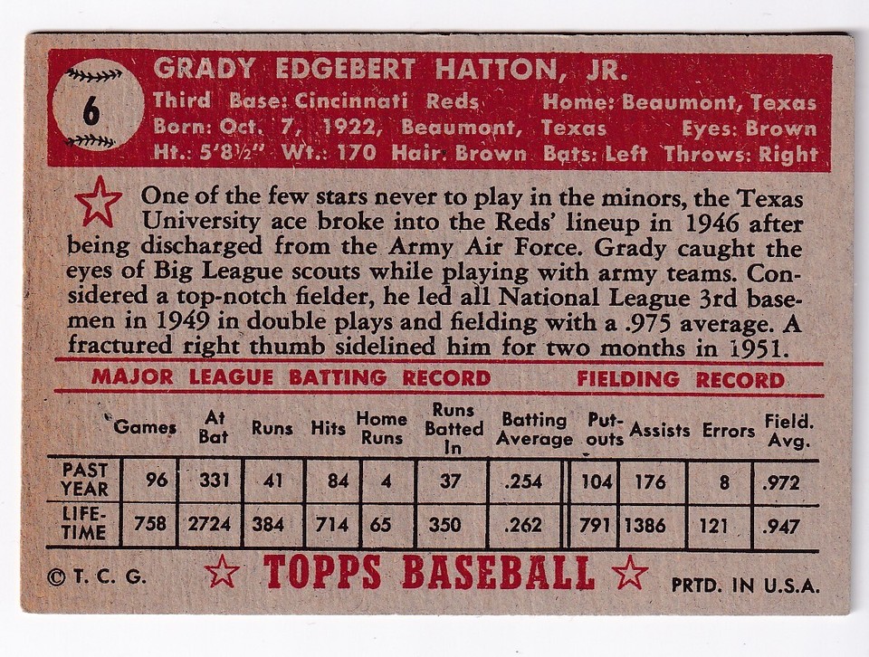 Grady Hatton 1952 Topps ML Baseball Card # 6 Reds-Red Back | eBay
