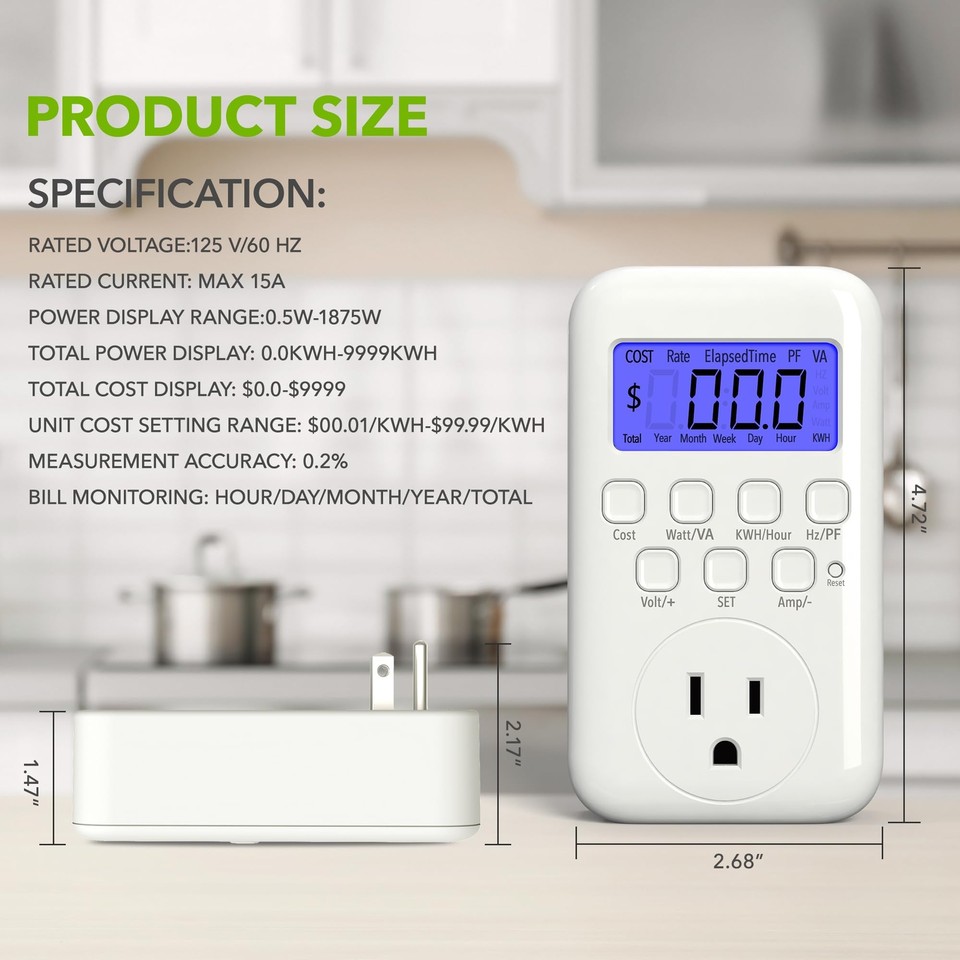 Watt Meter Plug with Backlight Plug-in Socket Power Meter Electricity ...
