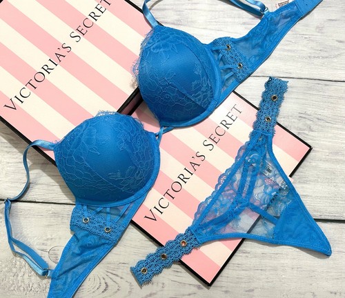 Victoria's Secret Bombshell Rose Lace +2 cups Push-Up Bra Thong Set 34B ...