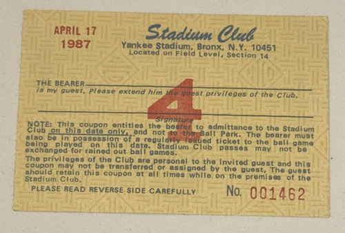 4/17/87 play 4/19 New York Yankees Stadium Club MLB Pass Ticket Stub Bo ...