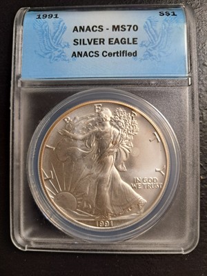 1991 AMERICAN SILVER EAGLE ANACS MS70 BLUE LABEL | eBay