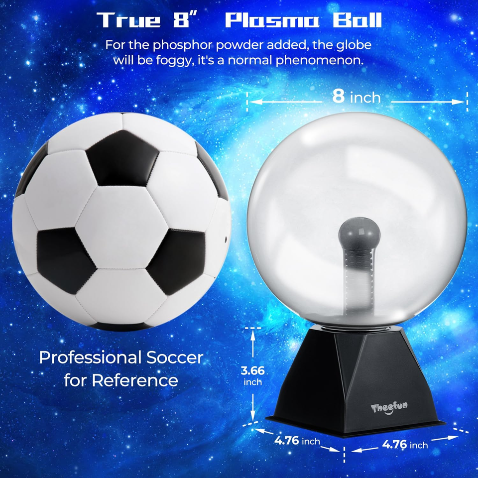 Theefun Blue Plasma Ball: 8 Inch Plasma Globe Touch & Sound Sensitive ...