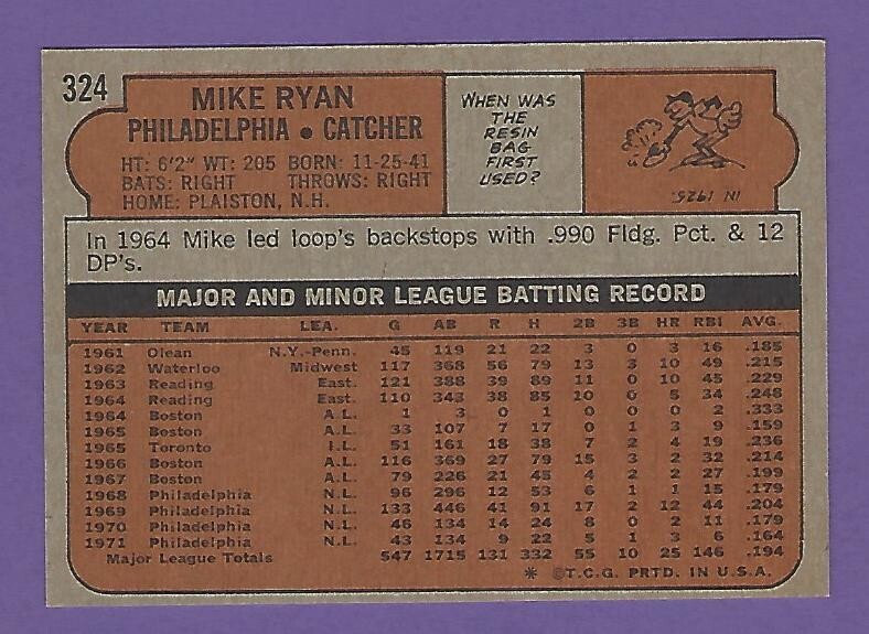 1972 Topps - #324 Mike Ryan - Philadelphia Phillies - NrMt | eBay