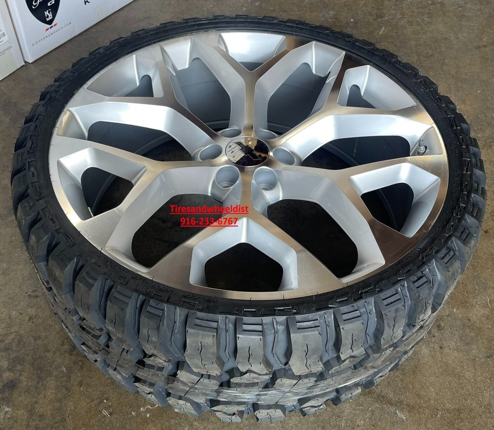 24" Snowflake Silver Machine Wheels 35" MT Tires GMC Sierra Silverado ...