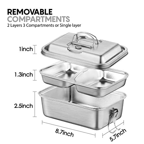 Stainless Steel Bento Lunch Box for Adults with Secure Locks 1800ML 3 ...
